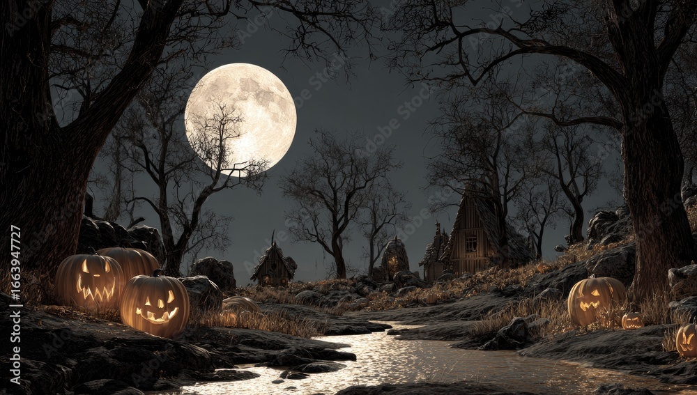 Halloween night scene. Spooky village by a stream under a full moon ...