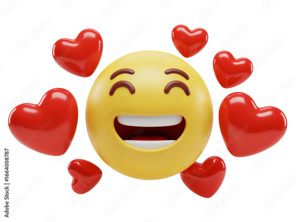 Joyful yellow emoji face surrounded by vibrant red hearts expressing ...