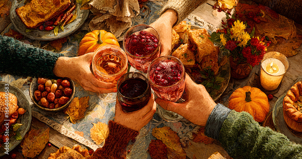 Family celebrating Thanksgiving day. Flat-lay of feasting peoples hands ...