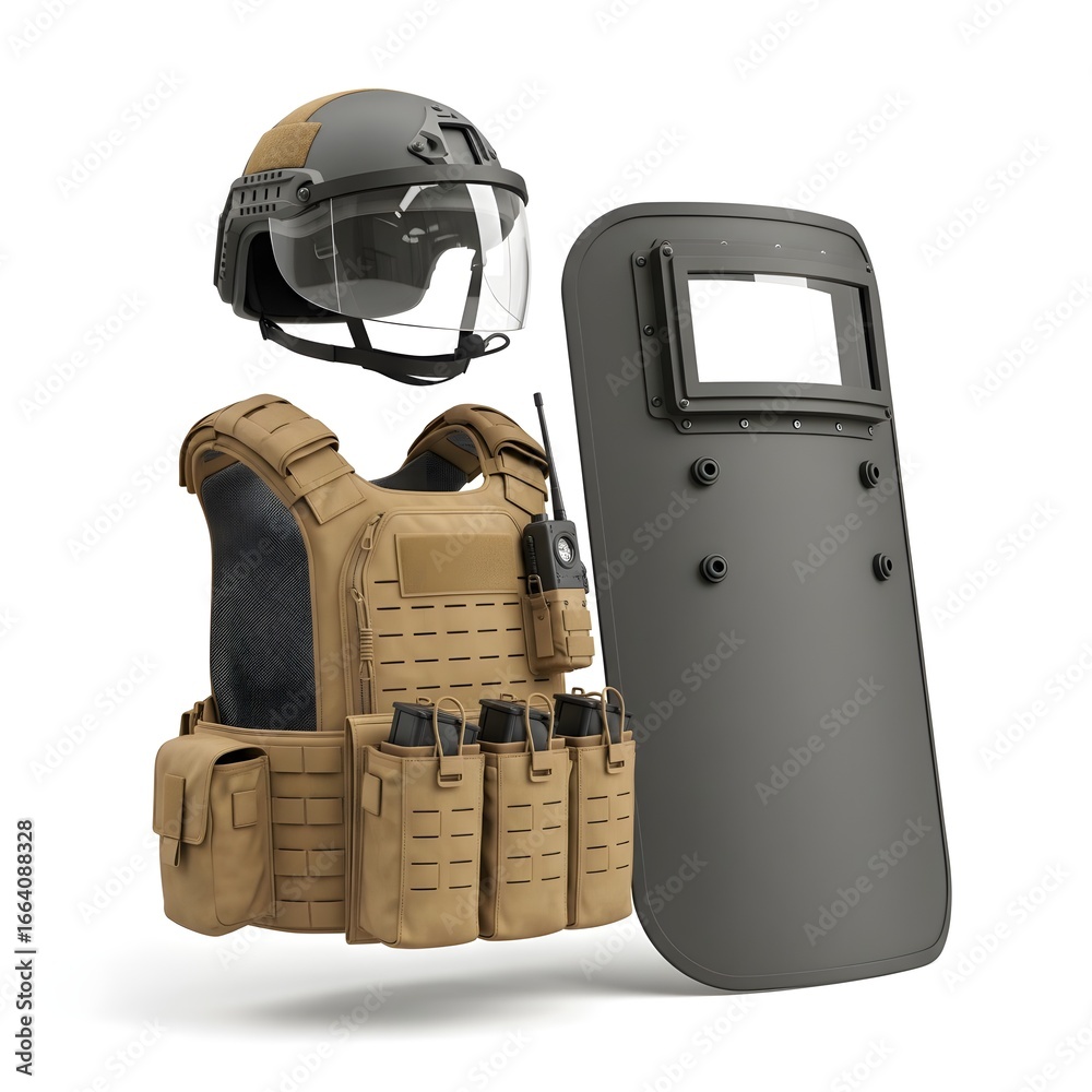 Stock-Foto „High angle shot shows a riot control shield, tactical vest ...