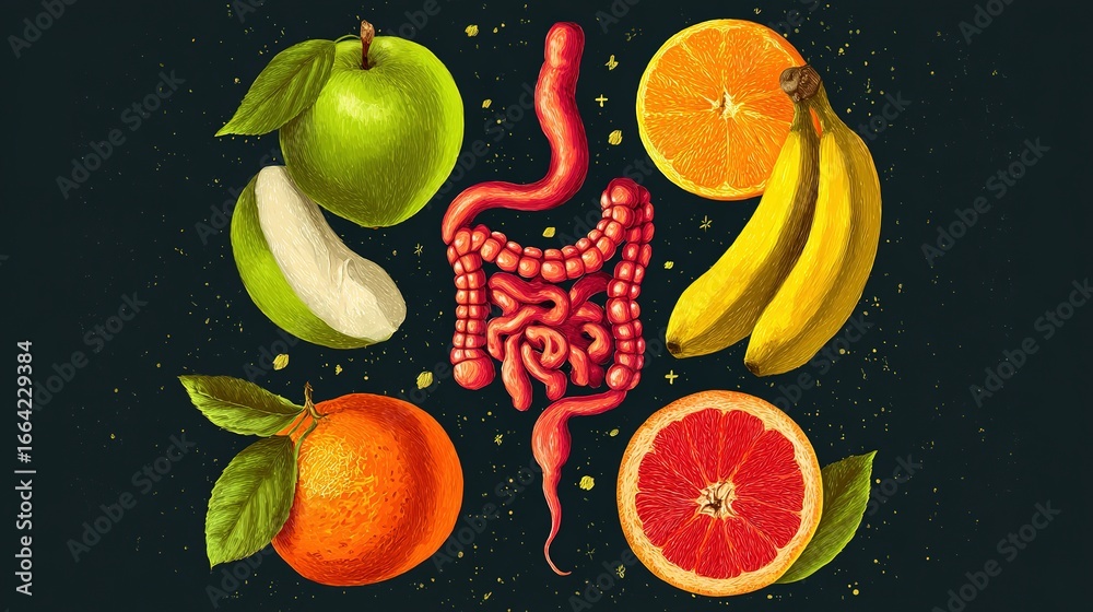 Four vibrant protective fruits surrounding a stylized digestive system ...