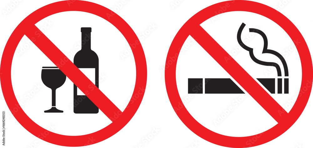 No Smoking and No Alcohol Icons – Red Prohibition Sign Symbols for ...
