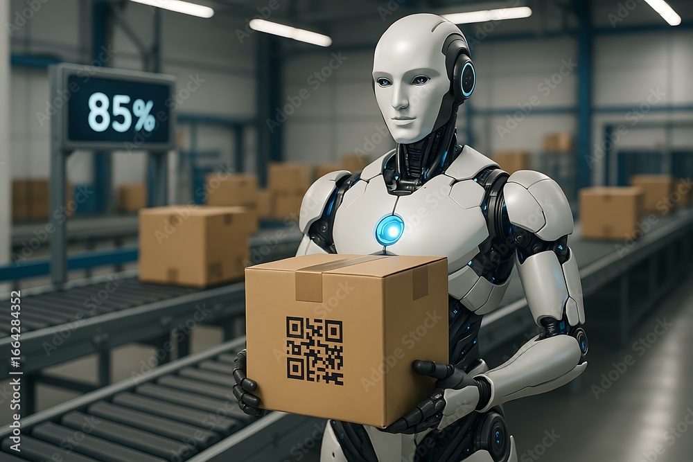 Advanced humanoid robot working in a modern automated warehouse ...