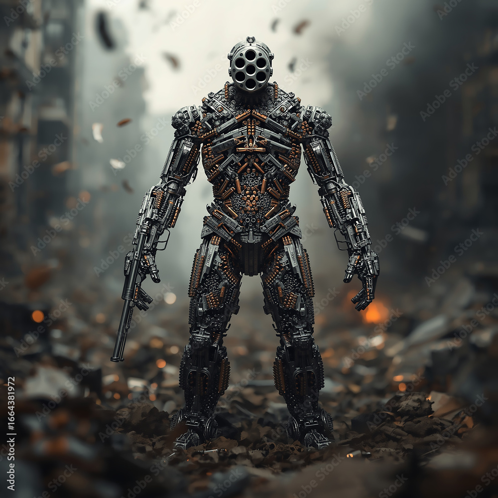 Armored Robot Standing in Post-Apocalyptic Urban Battlefield – 3D ...
