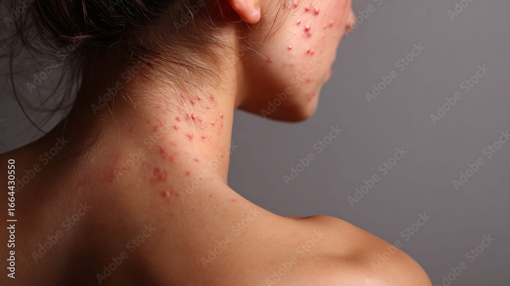 A woman has skin rash itch on neck, Skin lesion symptom in Shingles or ...