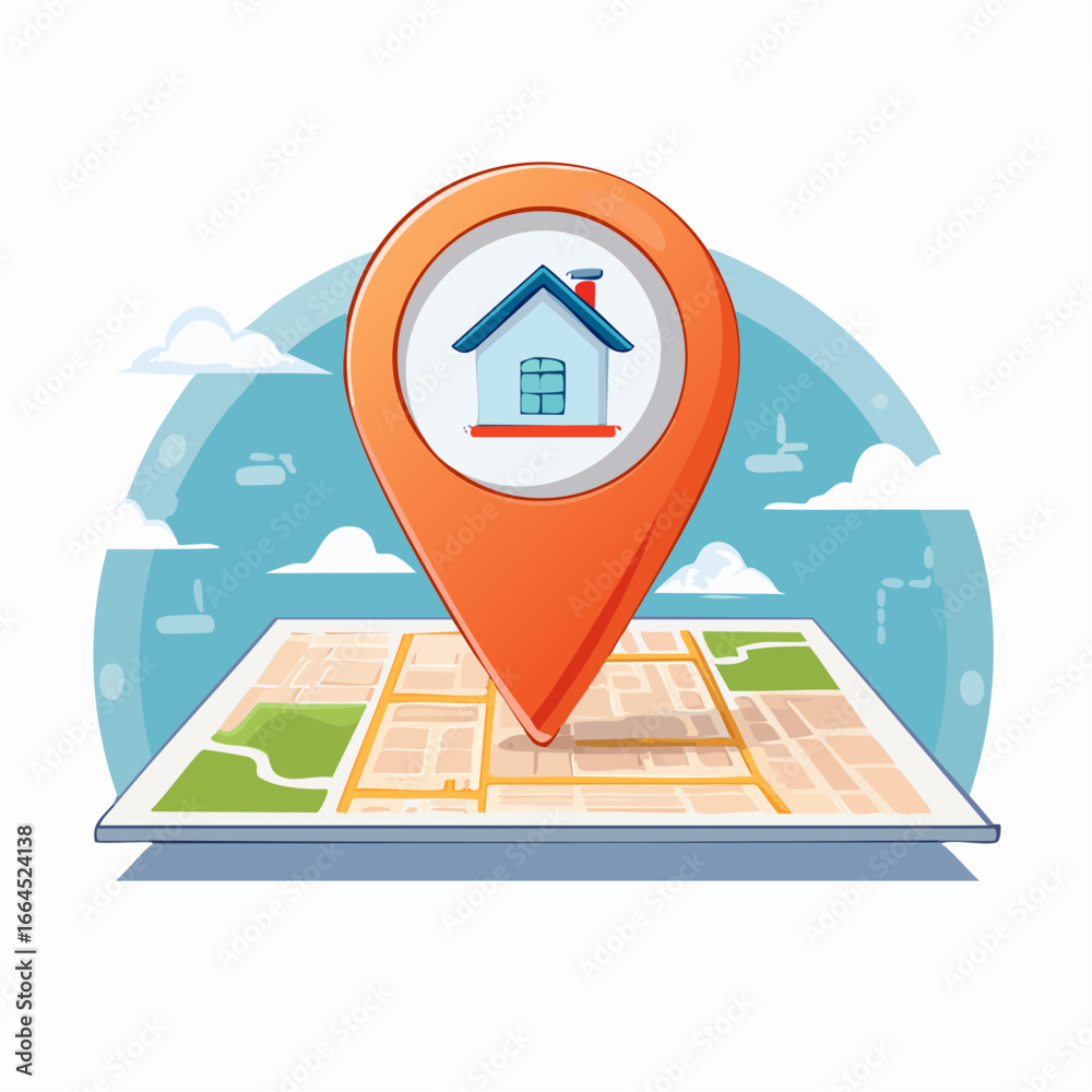 Cartoon Map Illustration With House Icon Pinpoint Stock Vector | Adobe ...