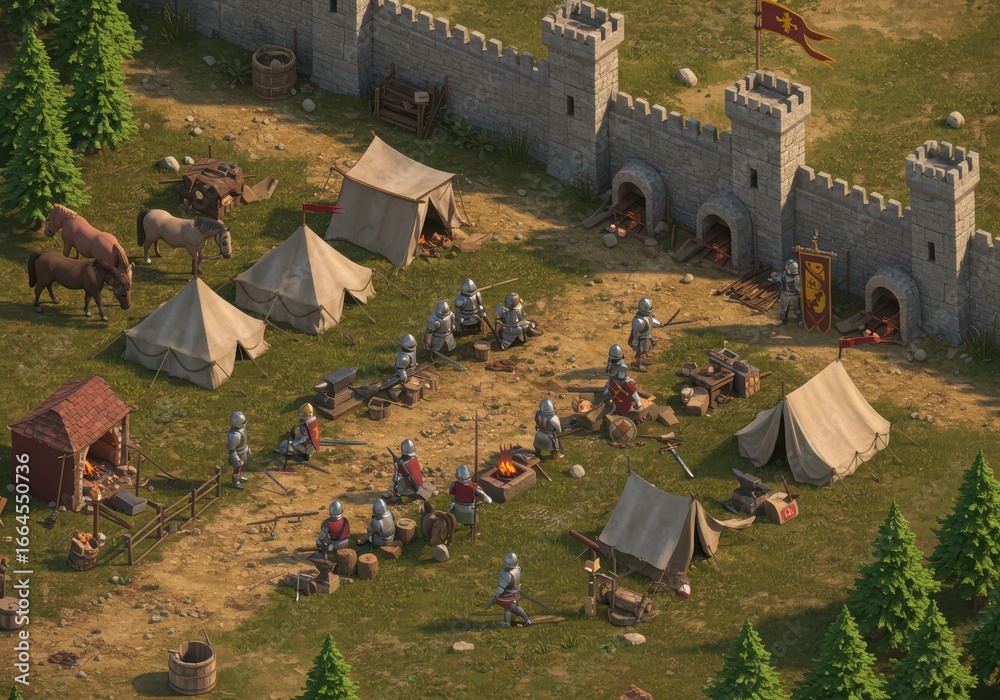 Ilustración de Stock Medieval army camp with soldiers, tents, horses ...