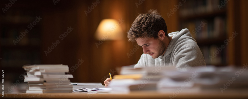 Stock-Foto „Intense study session in a warmlit library. Focused student ...