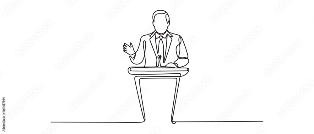 Continuous one line drawing The president stands behind the rostrum and ...