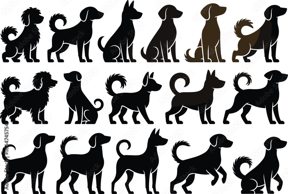 Silhouettes of diverse dog breeds in grid layout, black canine shapes ...