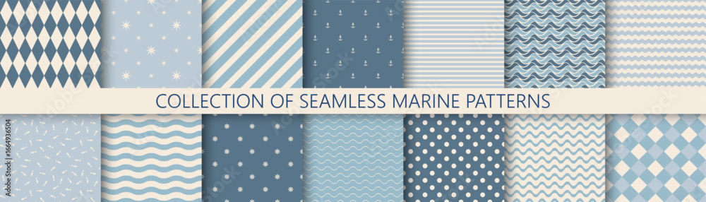 เวกเตอร์ Stock Collection of simple geometric seamless sea patterns ...