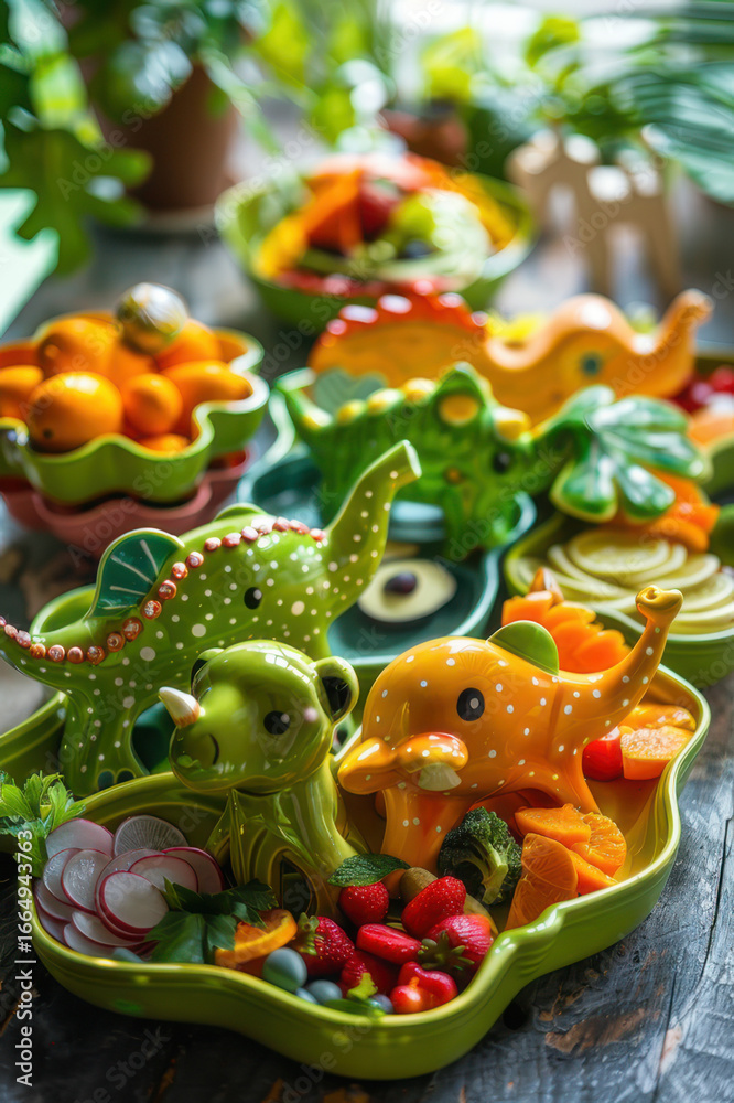 Colorful animal-shaped plates filled with vibrant fruits and vegetables ...