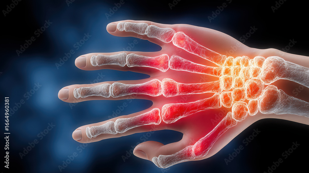 Highlights point of pain associated with tendinitis in hand, showing ...