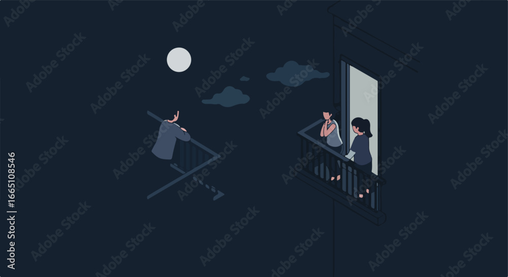 People gazing at moon from balcony in urban night setting for social ...