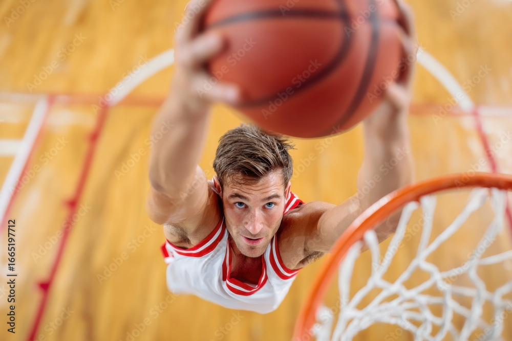 Foto de Stock Basketball player dunking during a match in a covered ...