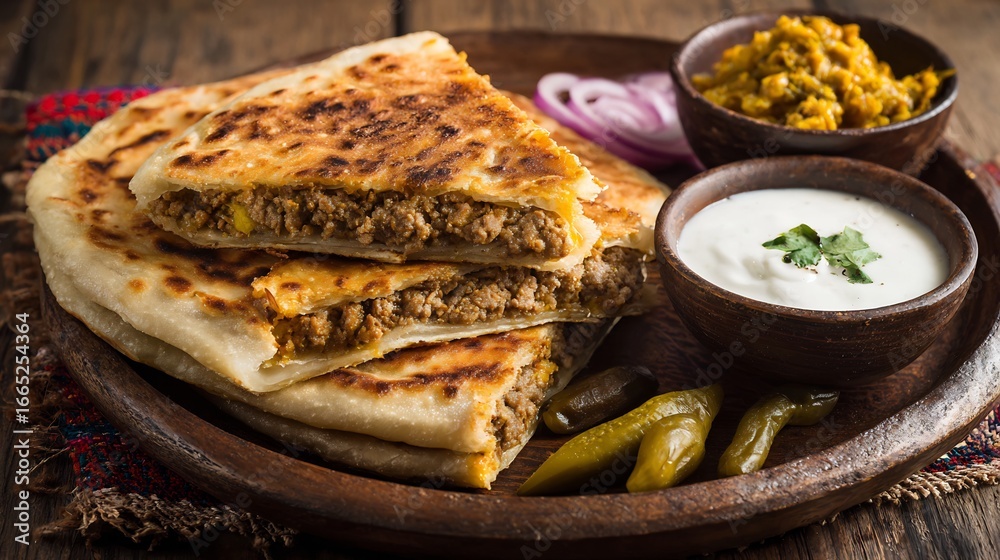 Pakistani qeema paratha stuffed flatbread served raita and achar pickle ...
