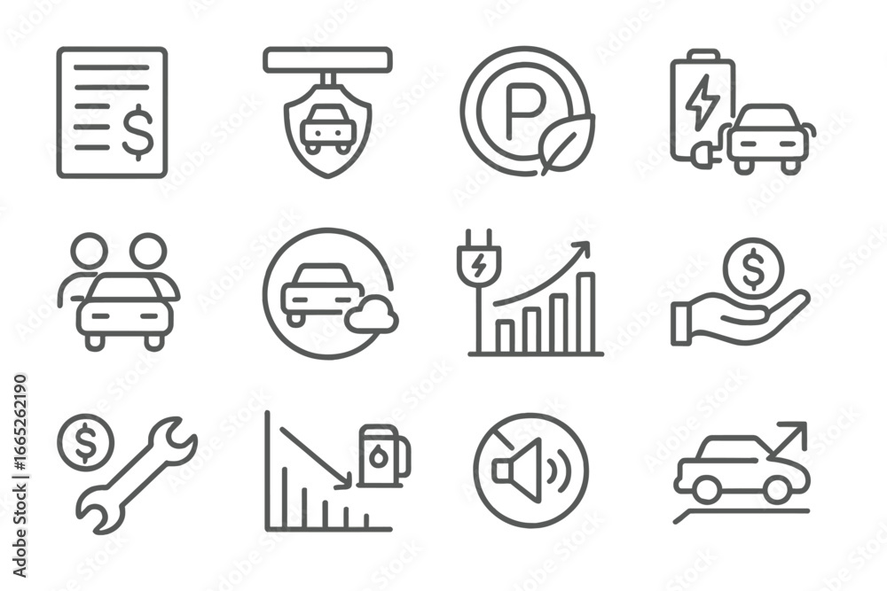 EV Ownership Icons. Line style icons of EV ownership benefits: tax ...