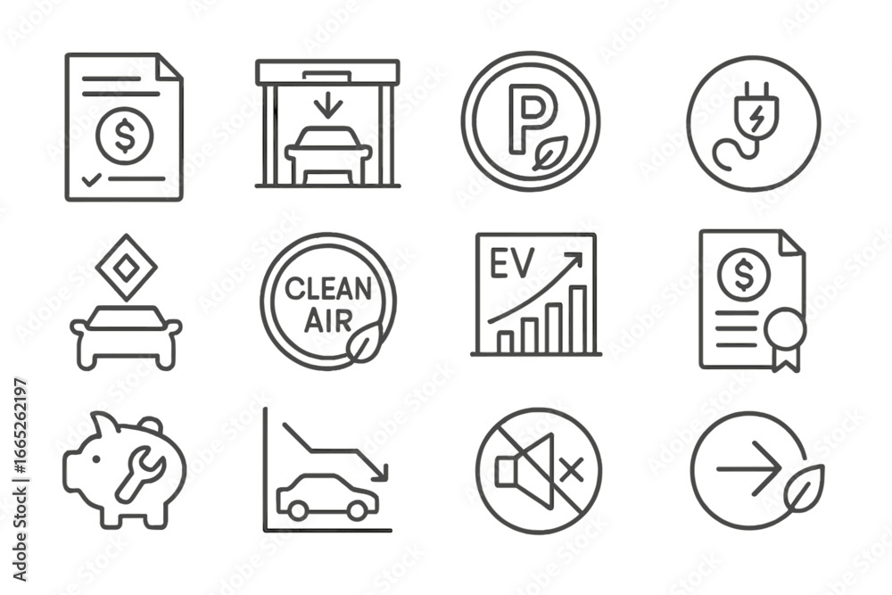 EV Ownership Icons. Line style icons of EV ownership benefits: tax ...
