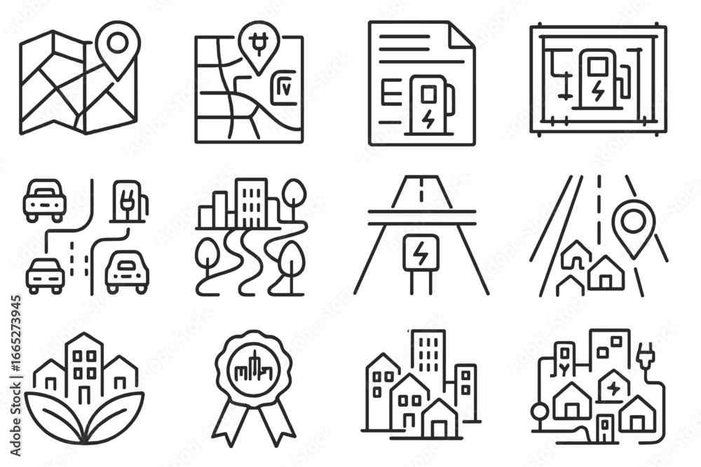 EV Urban Planning Icons. Line style icons of EV urban planning visuals ...