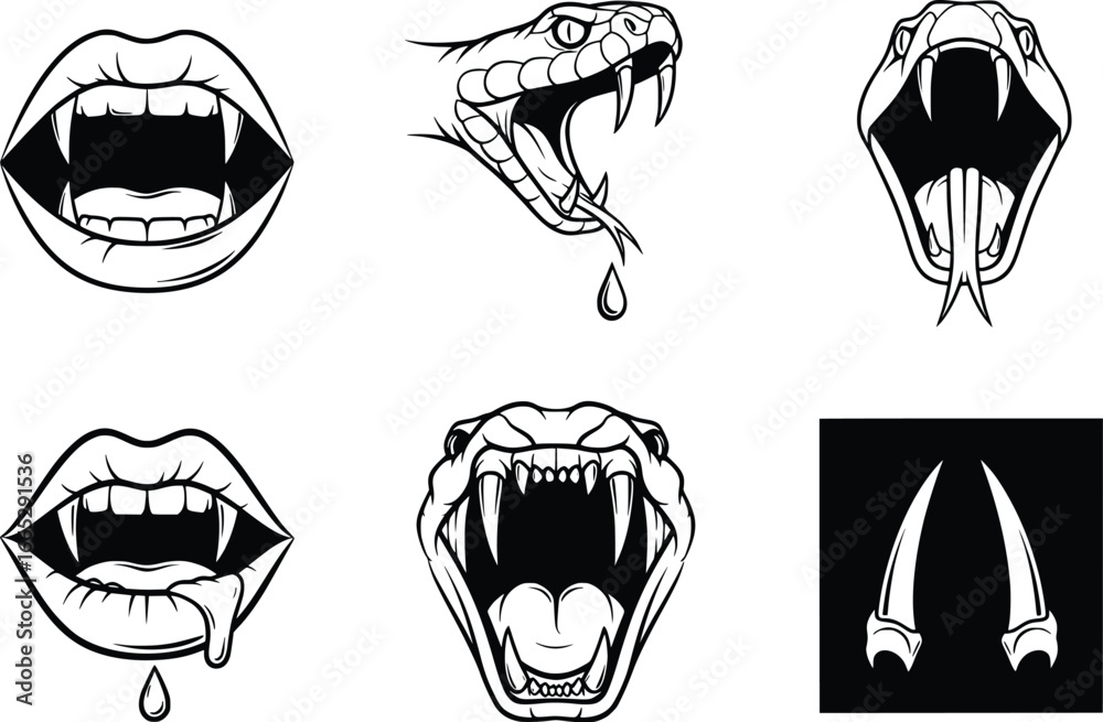 Creepy vampire mouths and fangs set with dripping saliva and snake head ...