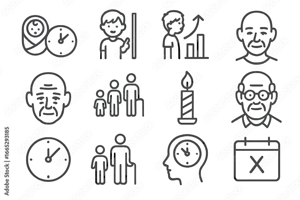 Icons of Life Stages. Line style icons of aging and lifespan: baby ...
