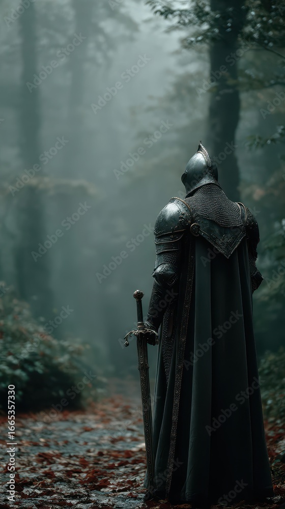 Warrior in ancient armor stands in misty forest at dawn with sword by ...