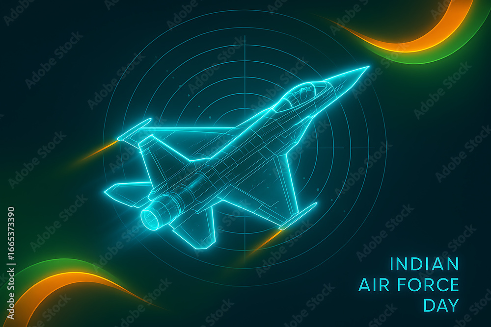 Glowing neon fighter jet with digital radar and tricolor light design ...