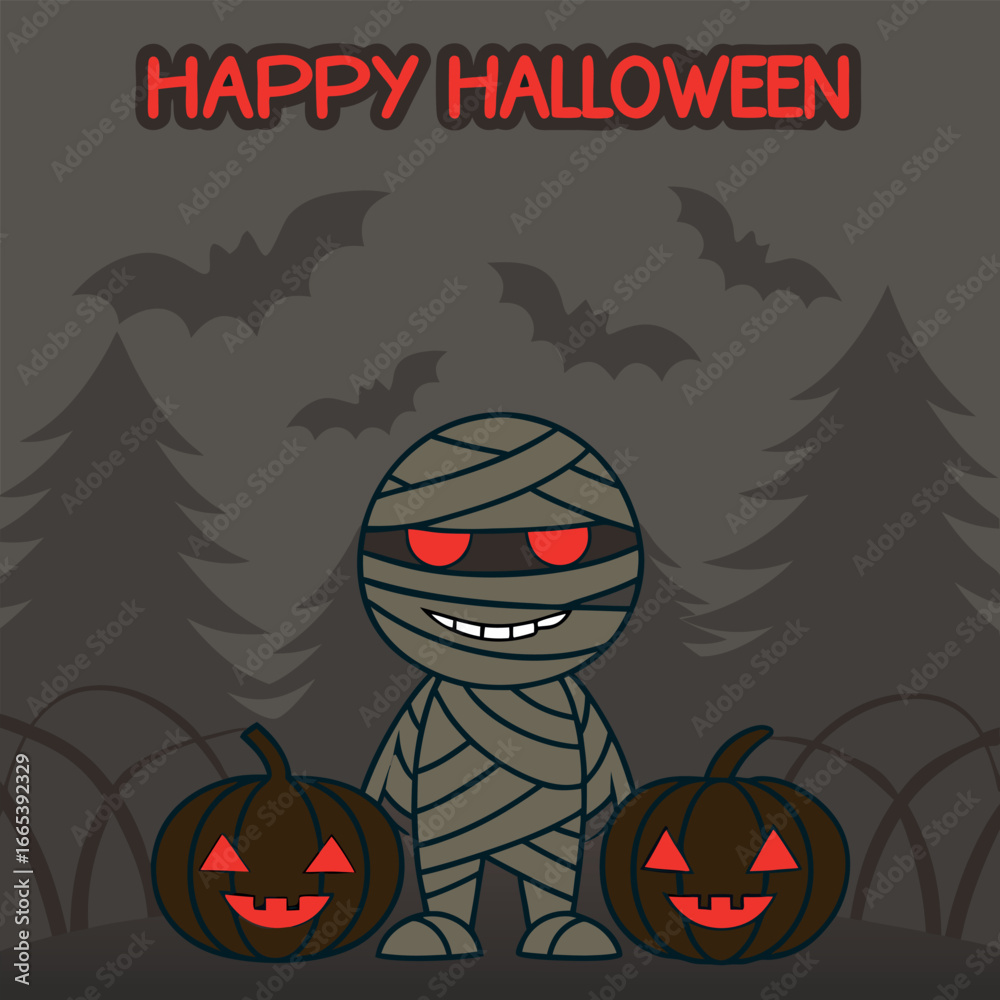 Stock-Vektorgrafik „Cartoon mummy smiles between glowing pumpkins on ...