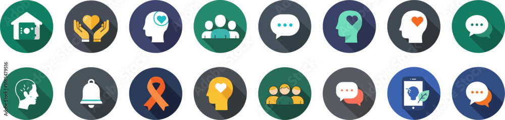 Set of 16 circular icons with vibrant colors representing health ...