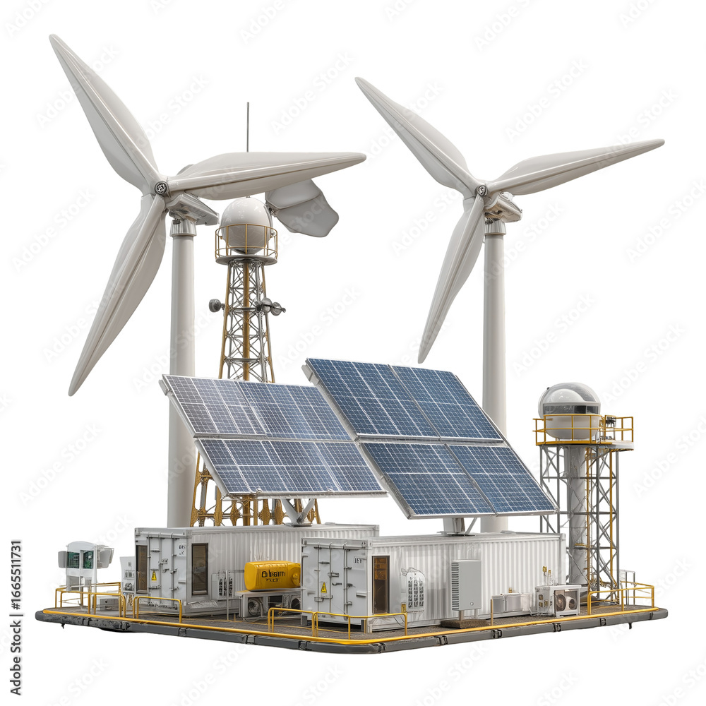 Alternative energy setup featuring wind turbines and solar panels array ...