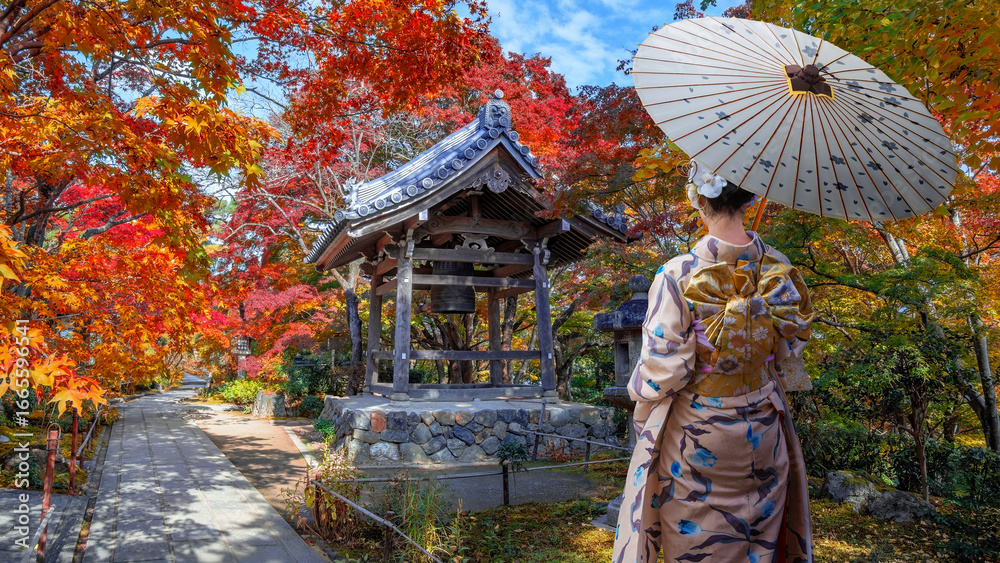 Japanese Woman in Traditional Kimono Dress at Jojakkoji Temple with ...