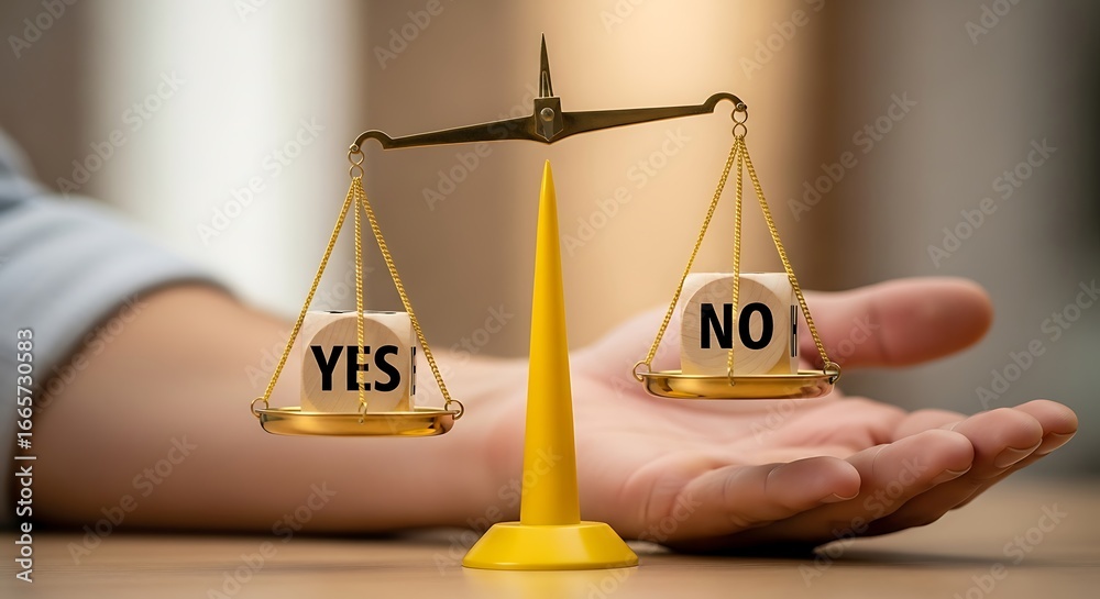 Decision-making concept with scales, Yes and No cubes, weighing choices ...