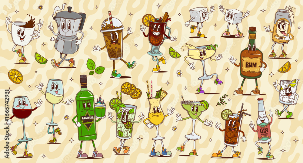 Cartoon retro groovy alcohol drinks and cocktails characters. Vector ...