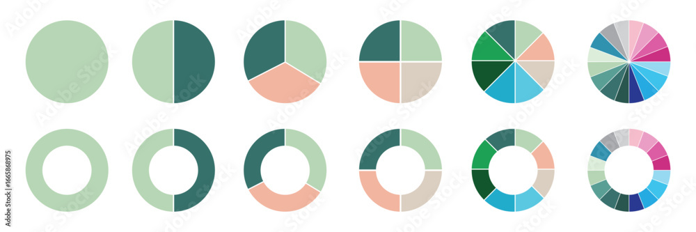 Pie charts diagram set. Circle pie charts 1,2,3,4,5,6,7,8,9,10,11,12 ...