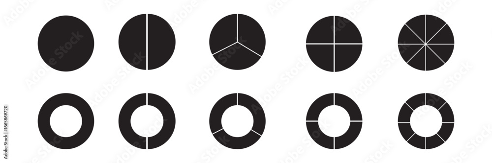 Pie chart set. Circle pie charts diagrams. Different color circles ...