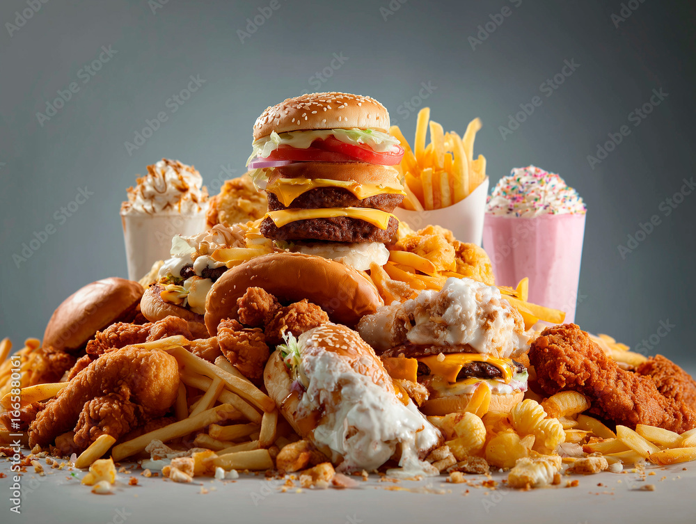 Stock-Foto „ pile of fast food items including fries, burgers, fried ...