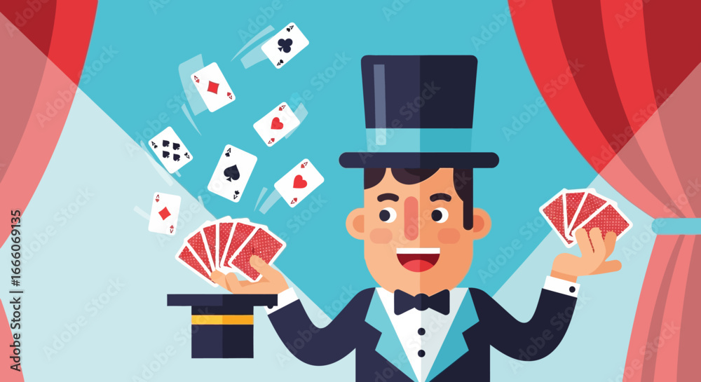 Cheerful cartoon magician in a tuxedo and top hat performing a classic ...
