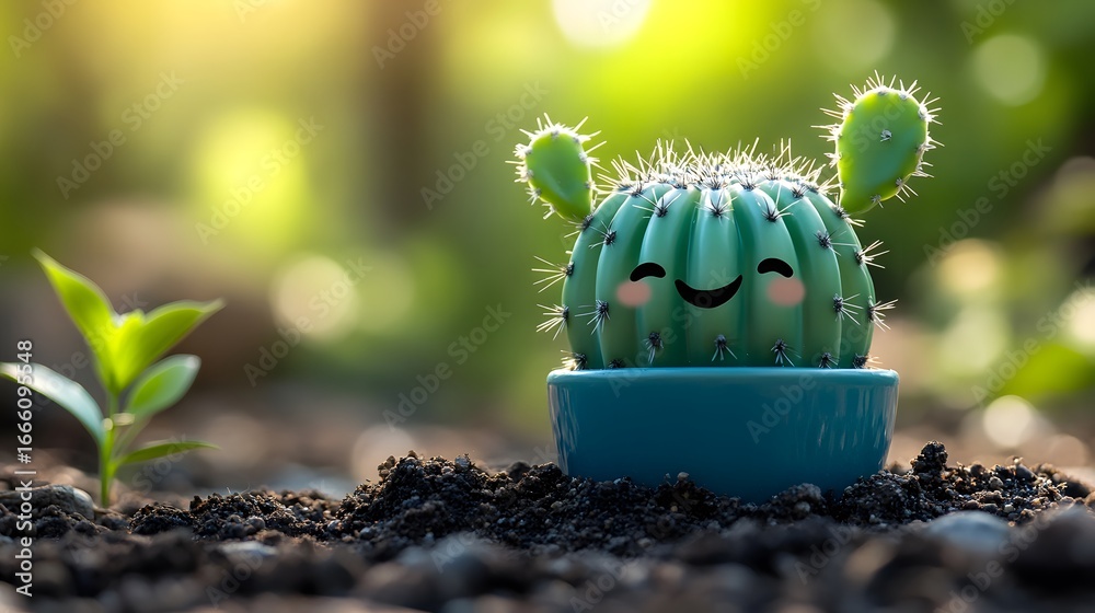 Cute cactus with a happy face in a blue pot sitting on rich soil in ...