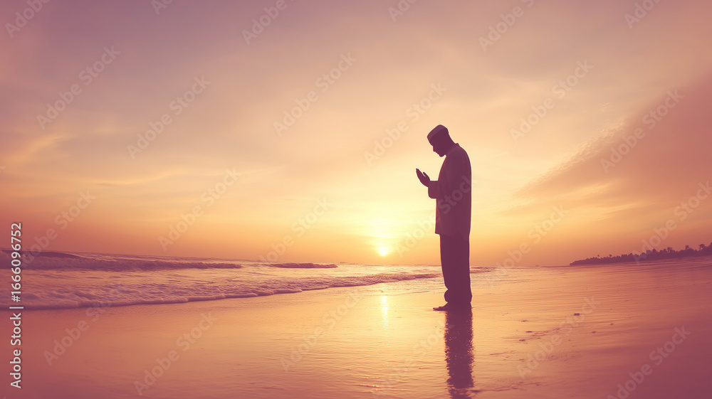 Silhouetted against a vibrant sunset, a Muslim man praying on the beach ...