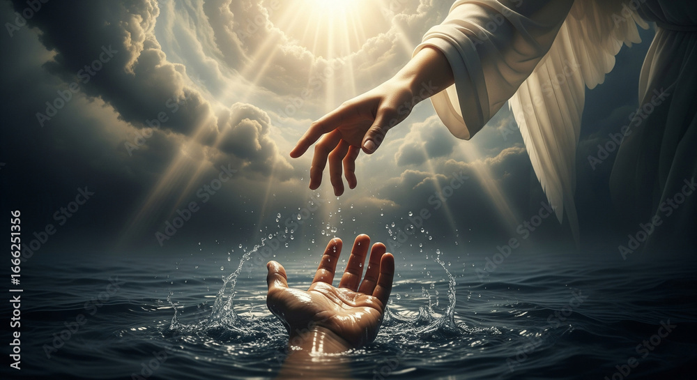 Close-up of an angel reaching down from heaven and saving the hand of a ...