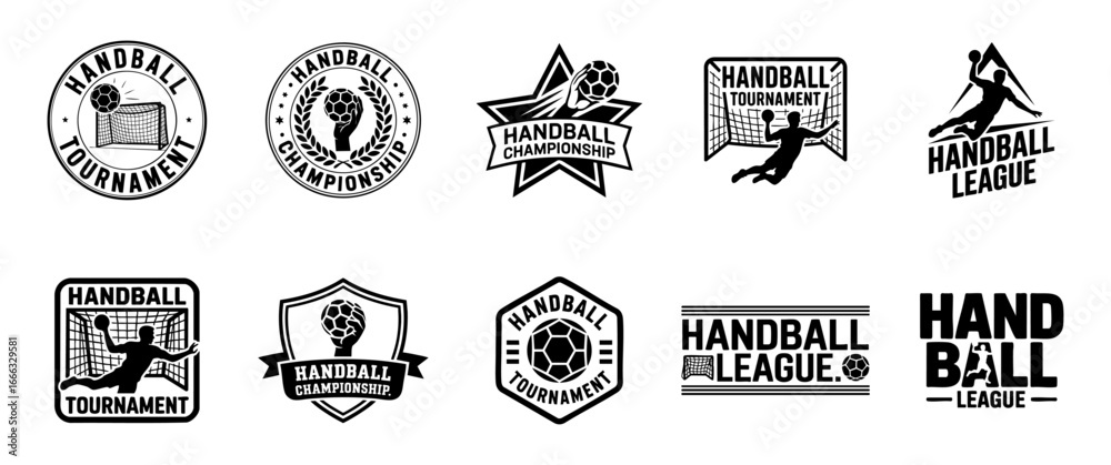Vector de Stock set of handball logos, vintage black and white emblems ...