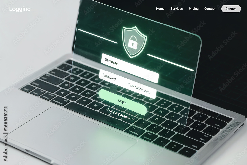 Laptop displaying secure online login page with shield icon and input ...