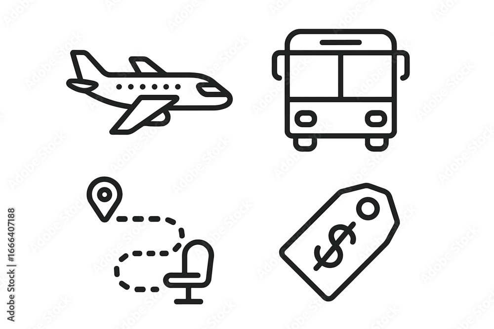 Travel and transportation icon set. Includes plane, bus, route map with ...