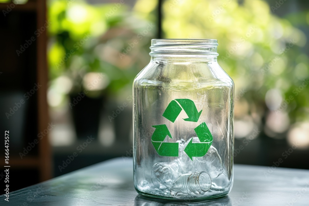 Clear Glass Jar with Green Recycle Symbol Promotes Sustainable Waste ...