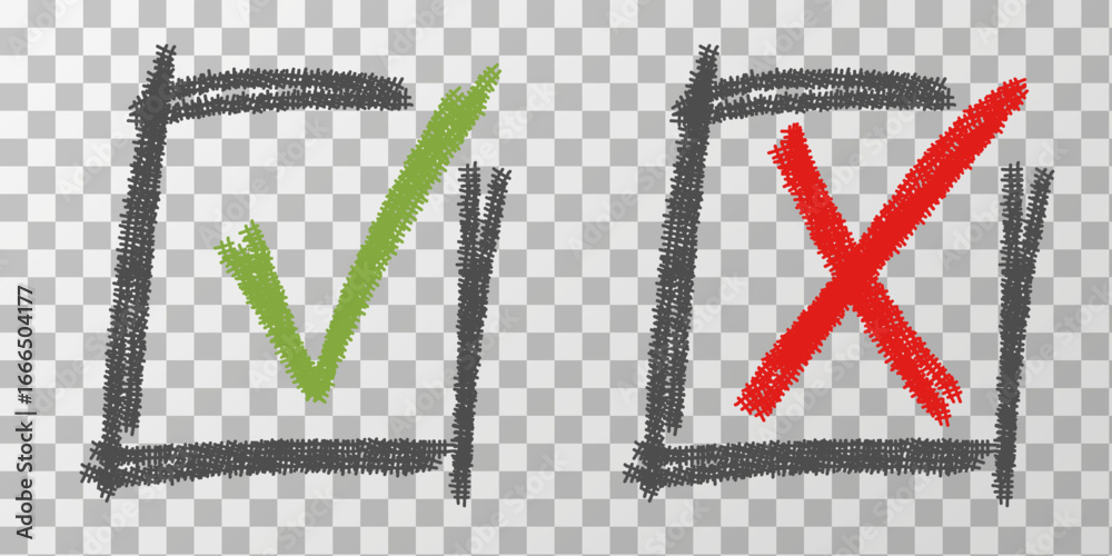 Vetor Brush, marker drawn green check mark and red cross square icon ...