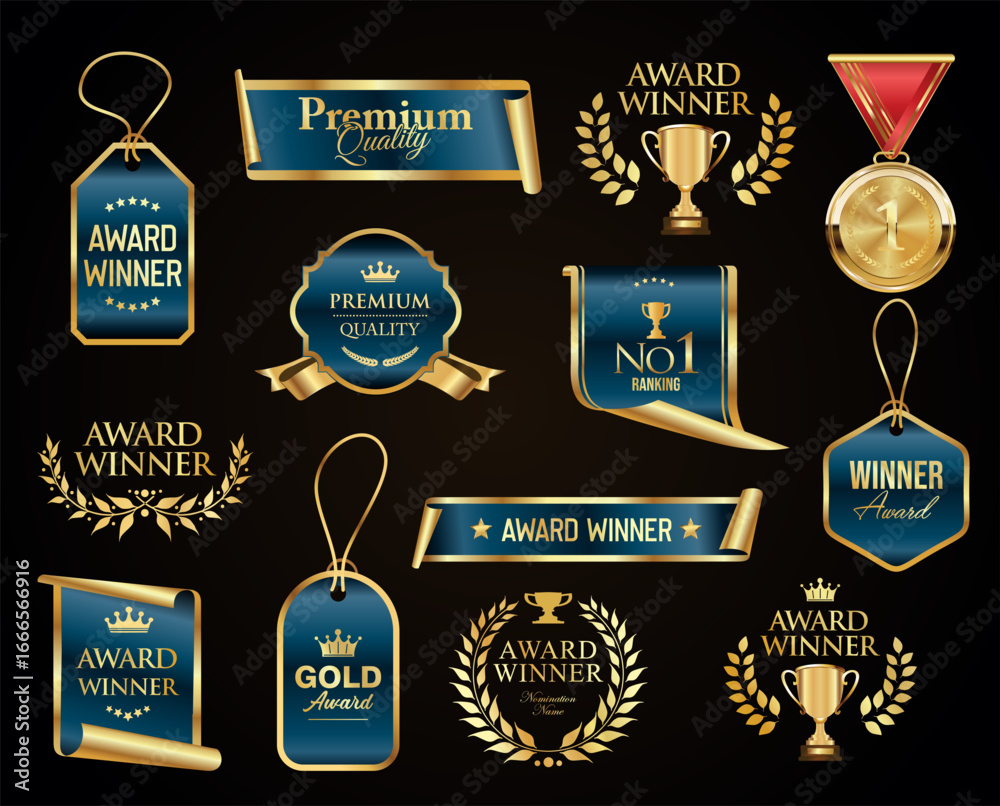 VIP, premium and gold award emblem badges and ribbon blue and gold ...