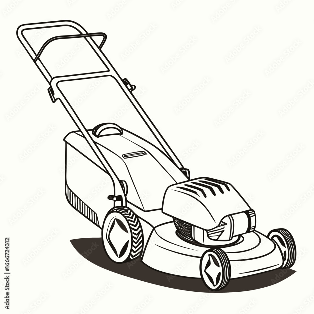 Stylized black and white line drawing of a modern push lawn mower with ...
