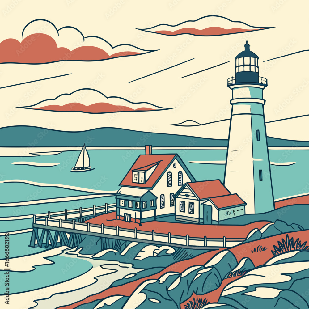 Stylized illustration of a coastal lighthouse and keeper s house with a ...