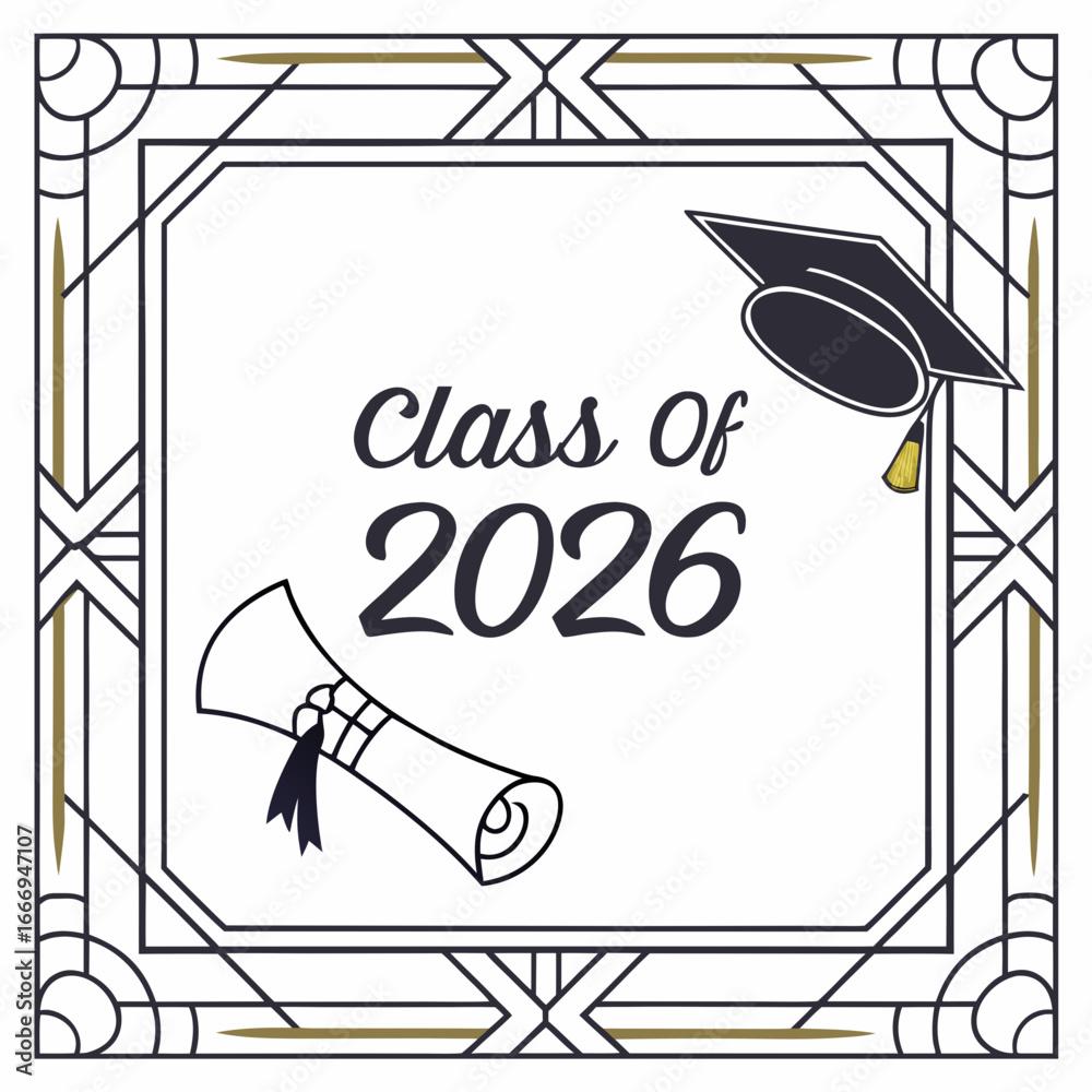 Class of 2026 graduation design with cap, diploma, and art deco frame ...