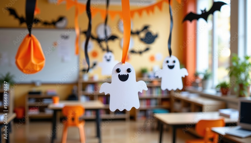 Halloween decorations kids classroom with orange and black streamers ...